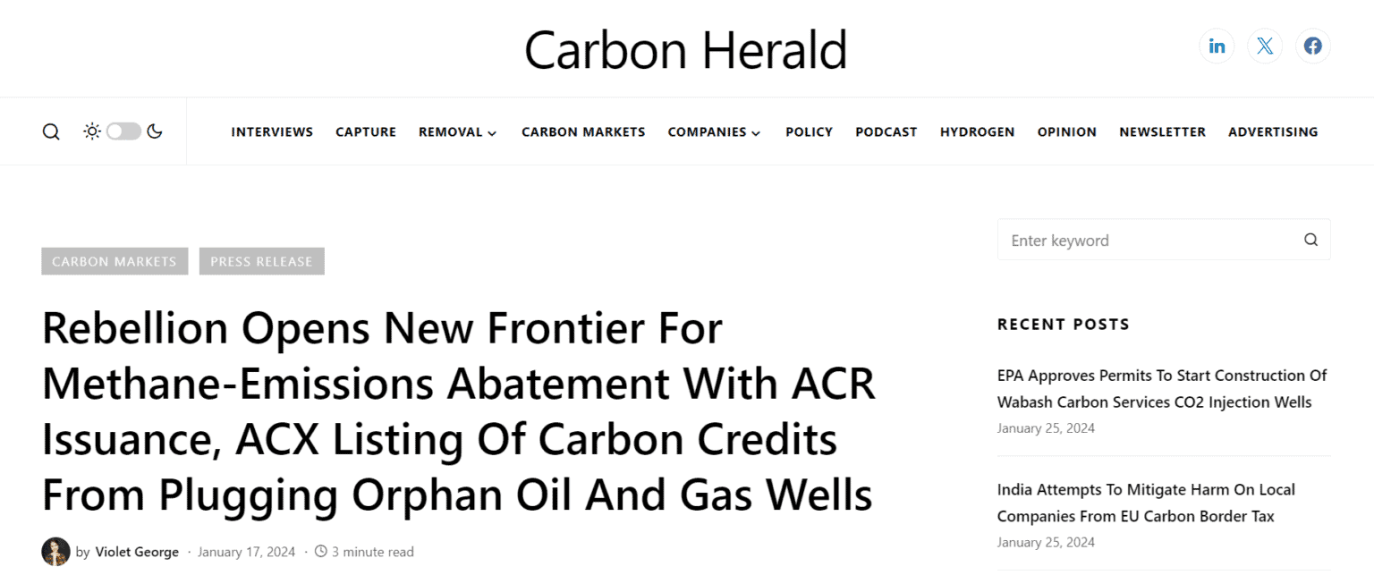 Carbon Herald: Rebellion Opens New Frontier for Methane-Emissions Abatement With ACR Issuance ...